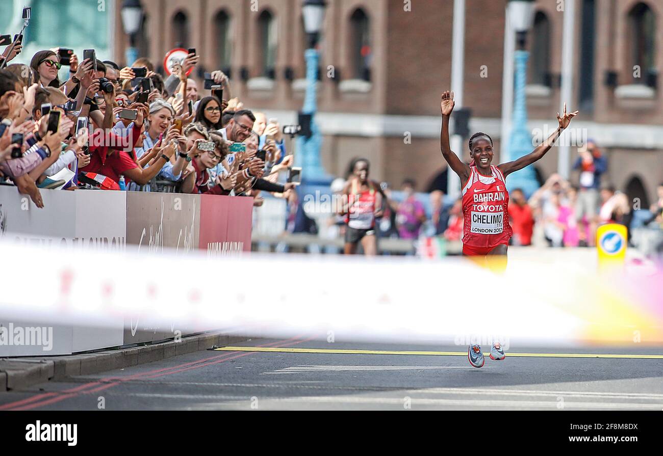 London.Rose Chelimo celebrating her victory at the 2017 London ...