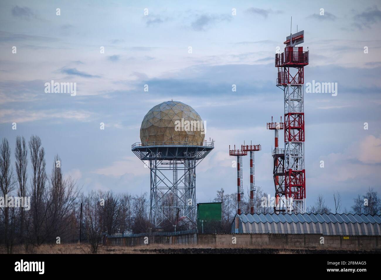 Radar and radio towers at the airport Stock Photo - Alamy