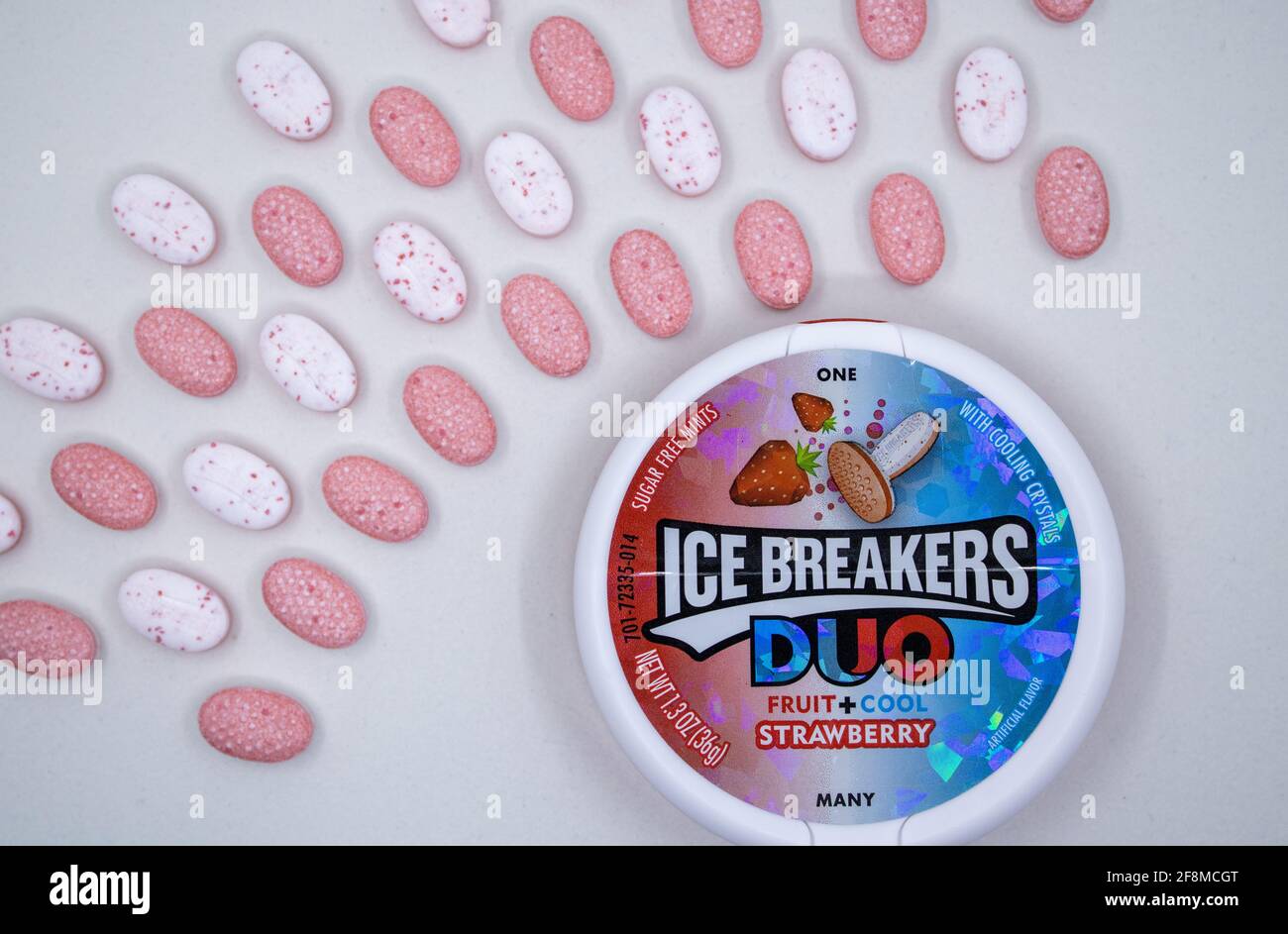 Strawberry Ice Breakers mints layout10 Stock Photo - Alamy