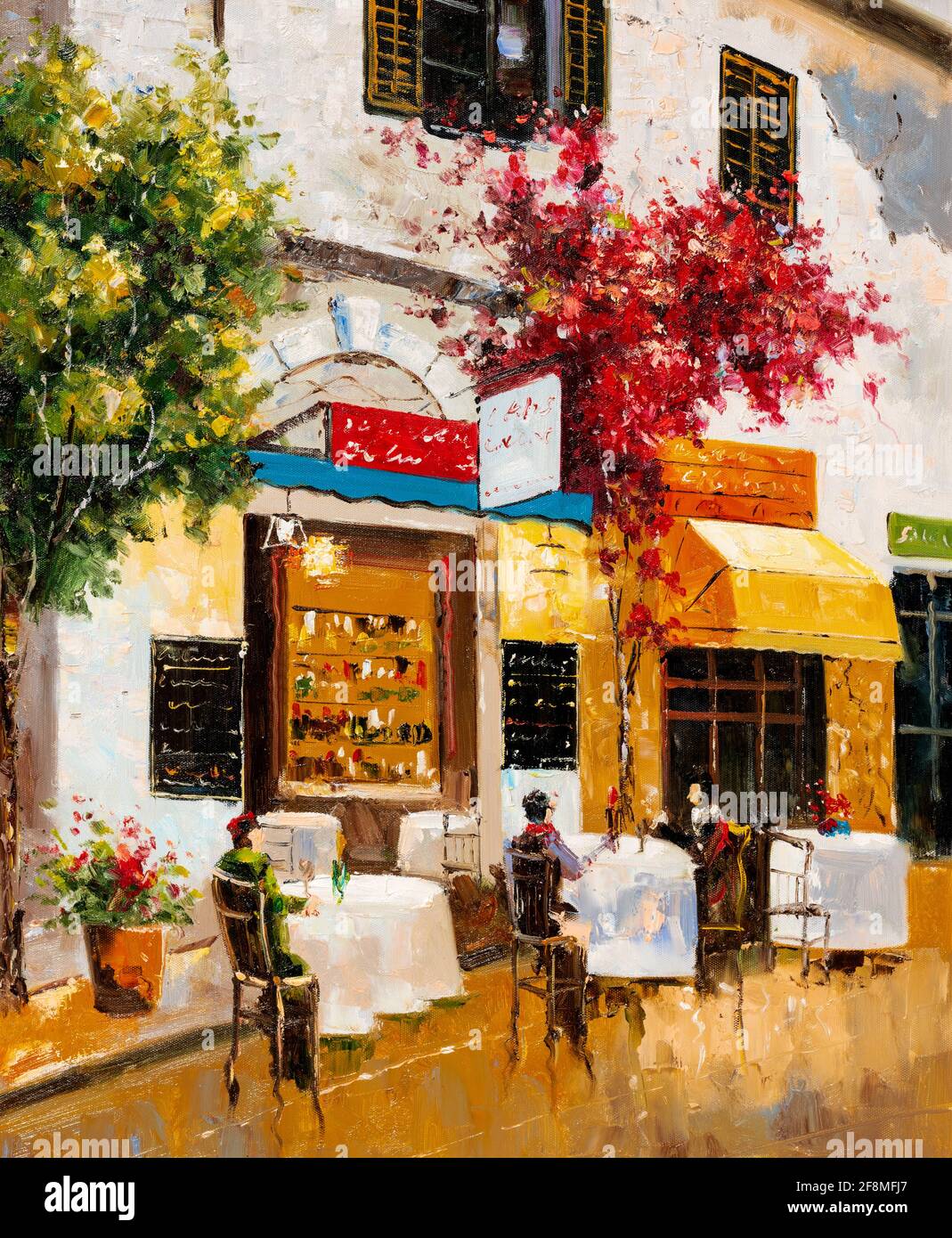 An impressionist oil painting depicting a street cafe where people rest ...