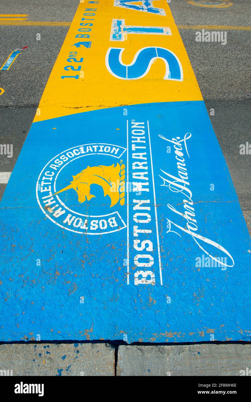 2018 Boston Marathon Start Line on Main Street in town of Hopkinton ...