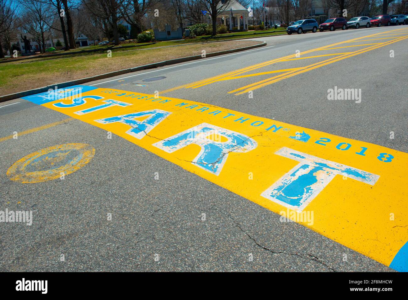 2018 Boston Marathon Start Line on Main Street in town of Hopkinton ...