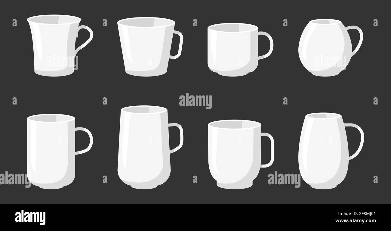 Cartoon style classic white coffee cup mockup icon set. Flat different ...