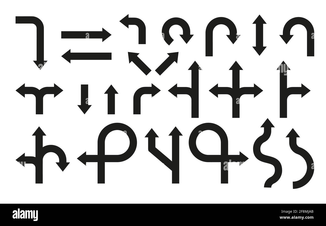 Black silhouette road sign. Flat icon navigation or direction way. Rounded arrow. Design ...