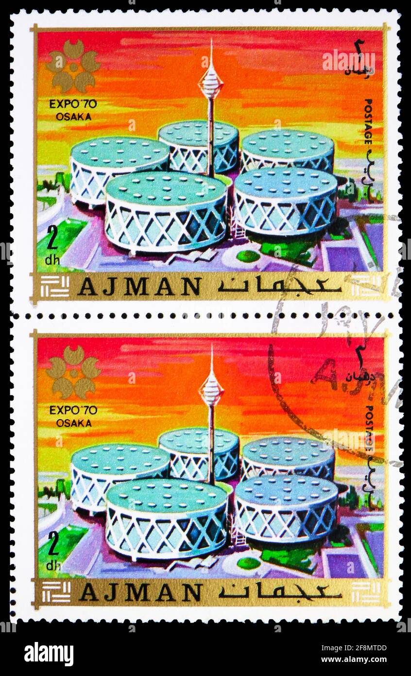 MOSCOW, RUSSIA - OCTOBER 4, 2019: Two postage stamps printed in Ajman ...