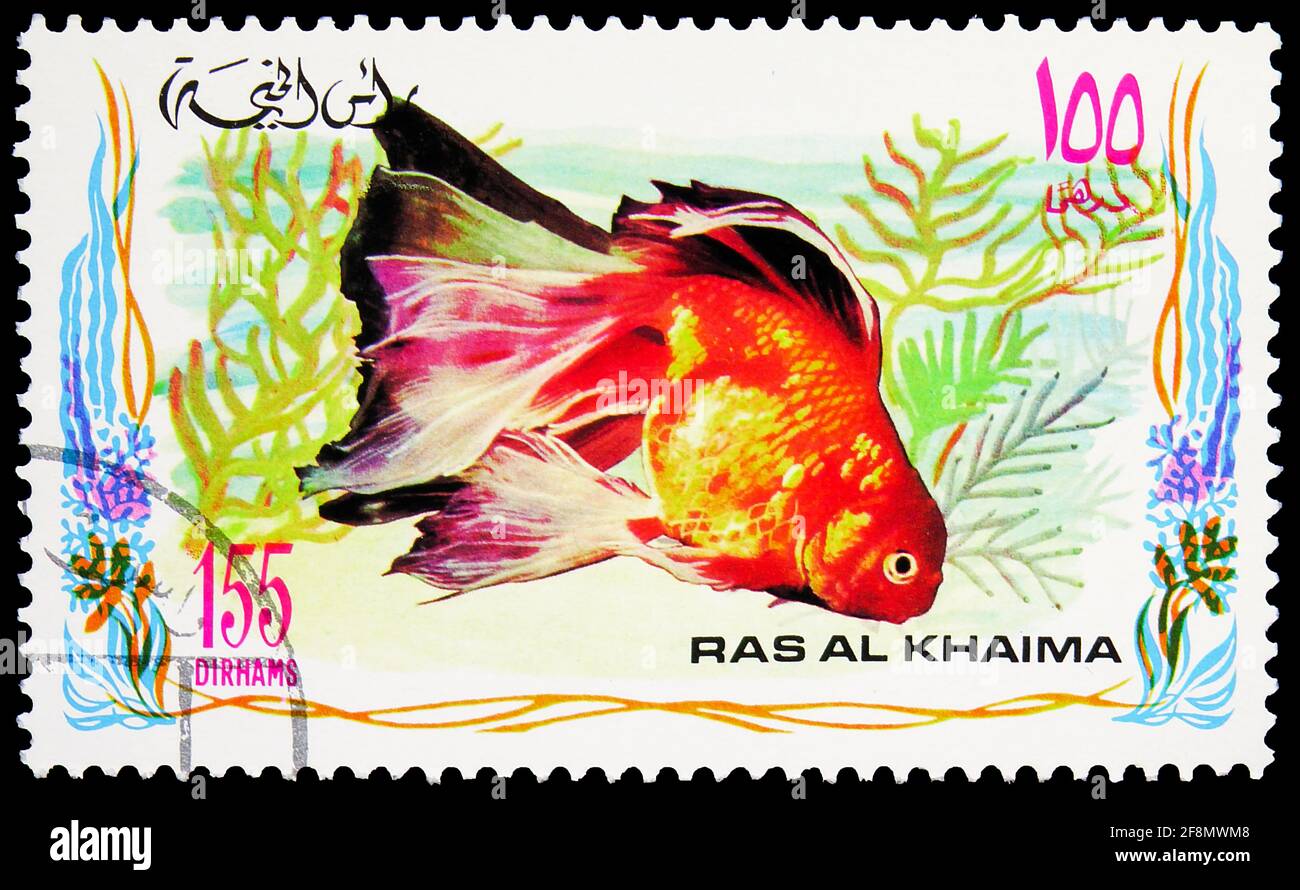 MOSCOW, RUSSIA - OCTOBER 4, 2019: Postage stamp printed in Ras Al ...