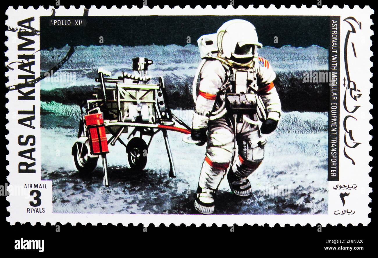 MOSCOW, RUSSIA - OCTOBER 4, 2019: Postage stamp printed in Ras Al ...