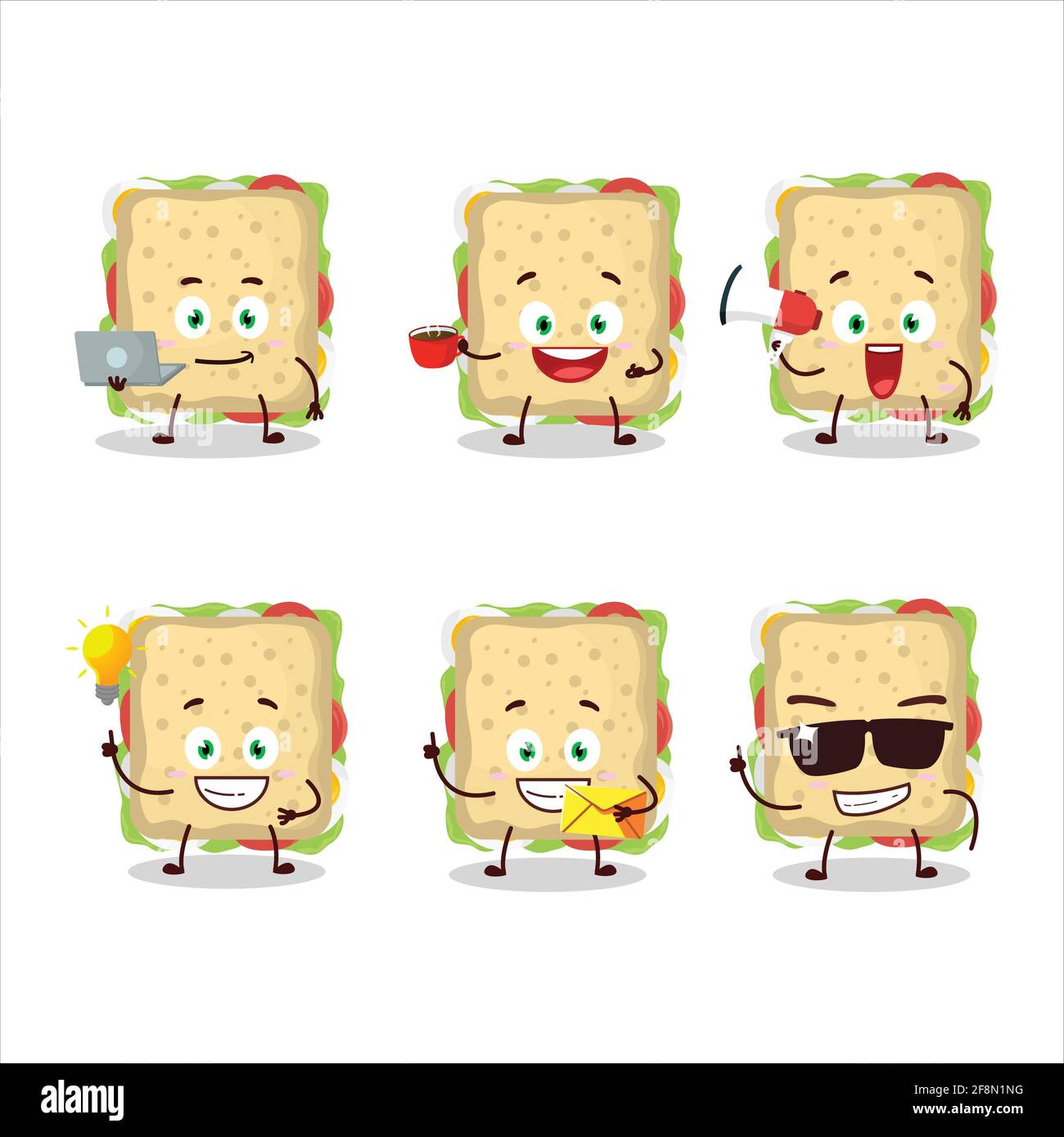 Sandwich cartoon character with various types of business emoticons ...