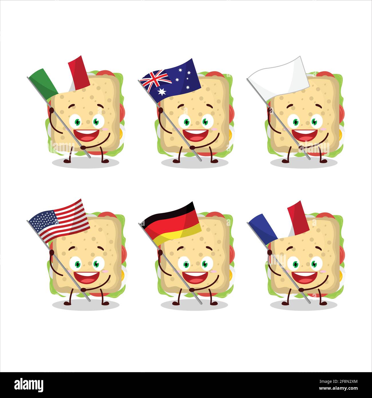 Sandwich Cartoon Character Bring The Flags Of Various Countries Vector