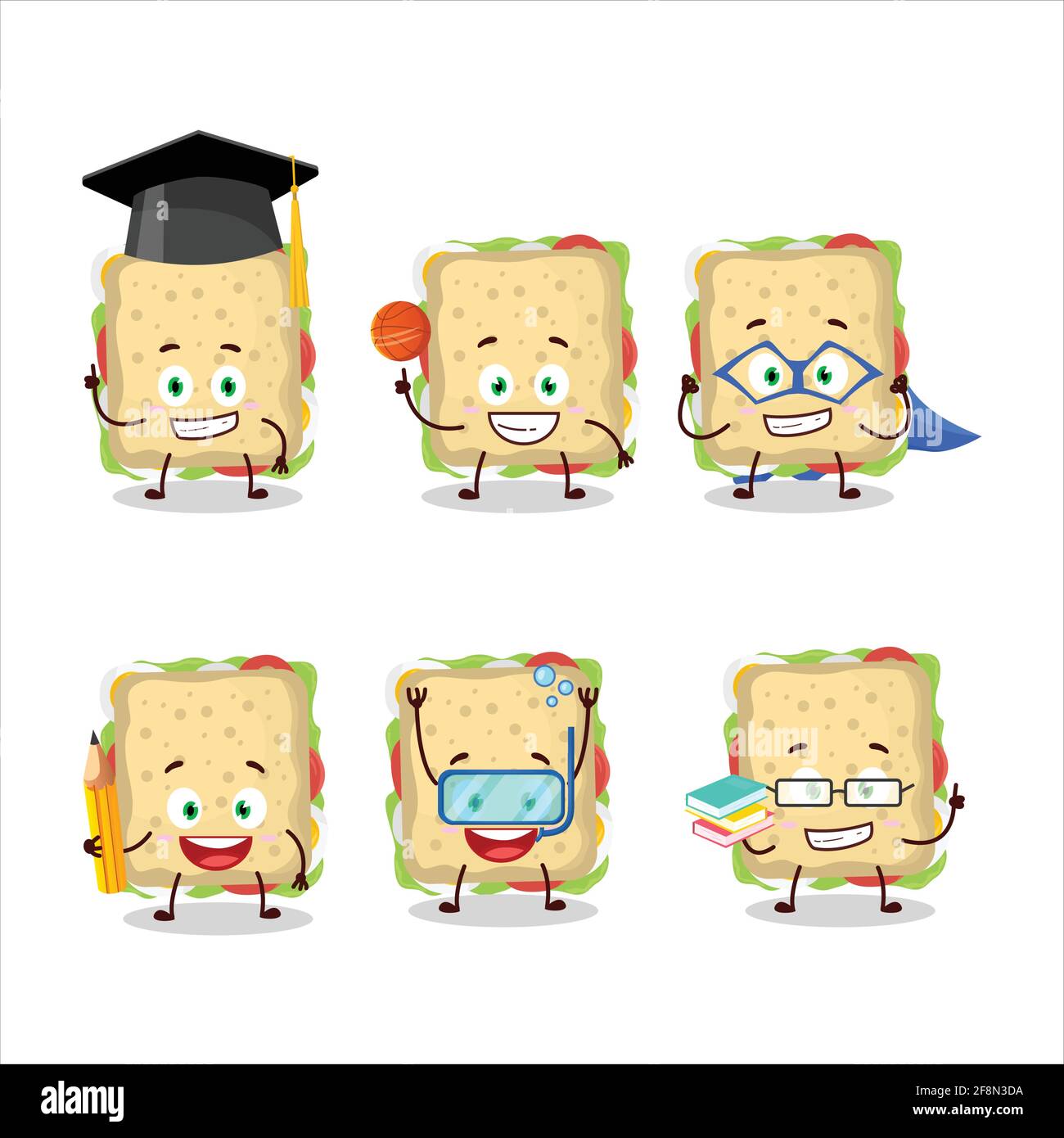 School student of sandwich cartoon character with various expressions ...