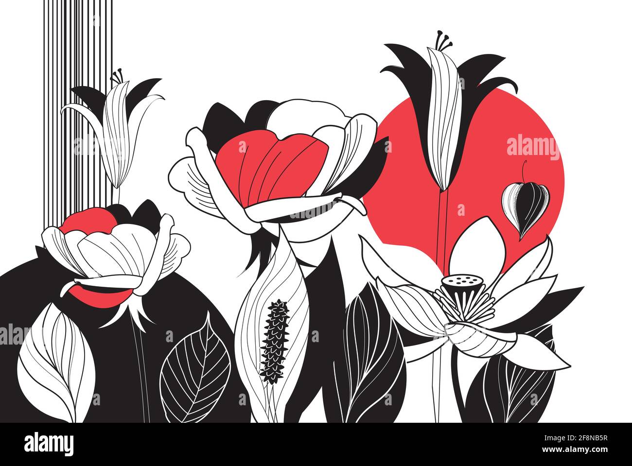 Bright graphic card with flowers on a white background. Example of a ...