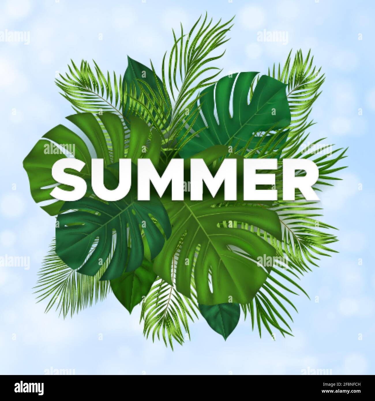 Summer tropical banner with green palm leaves on light blue background ...