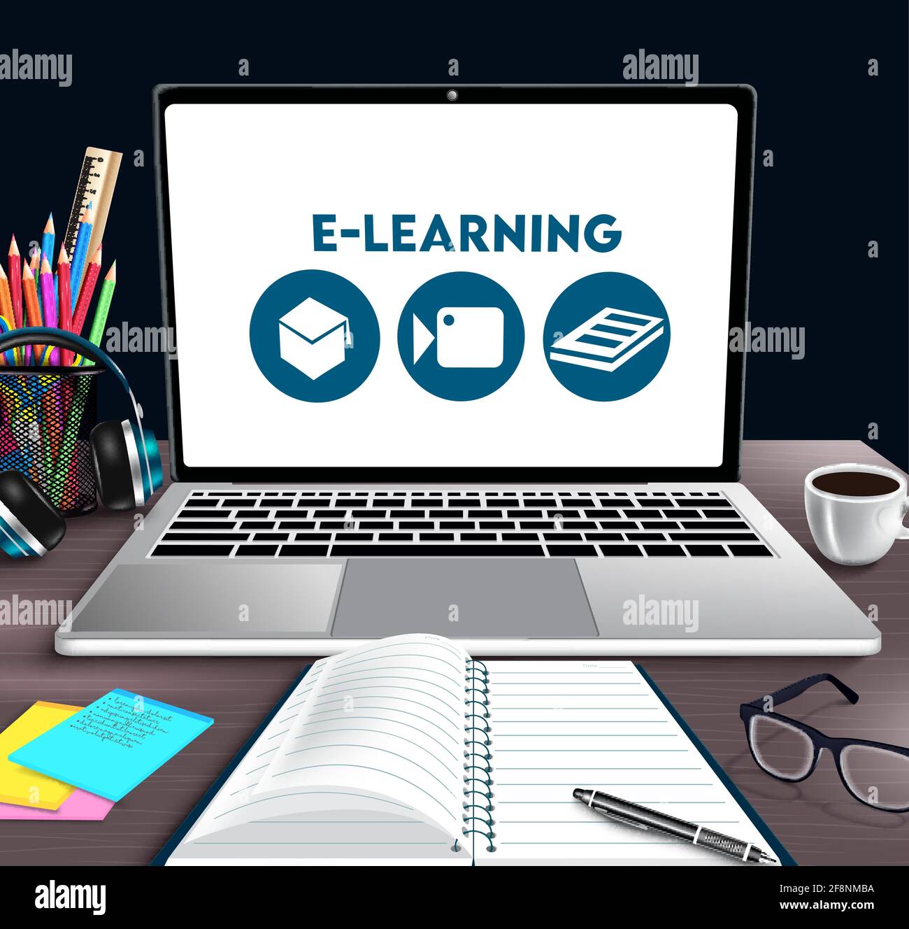 E-learning online school vector banner design. E-learning text in ...