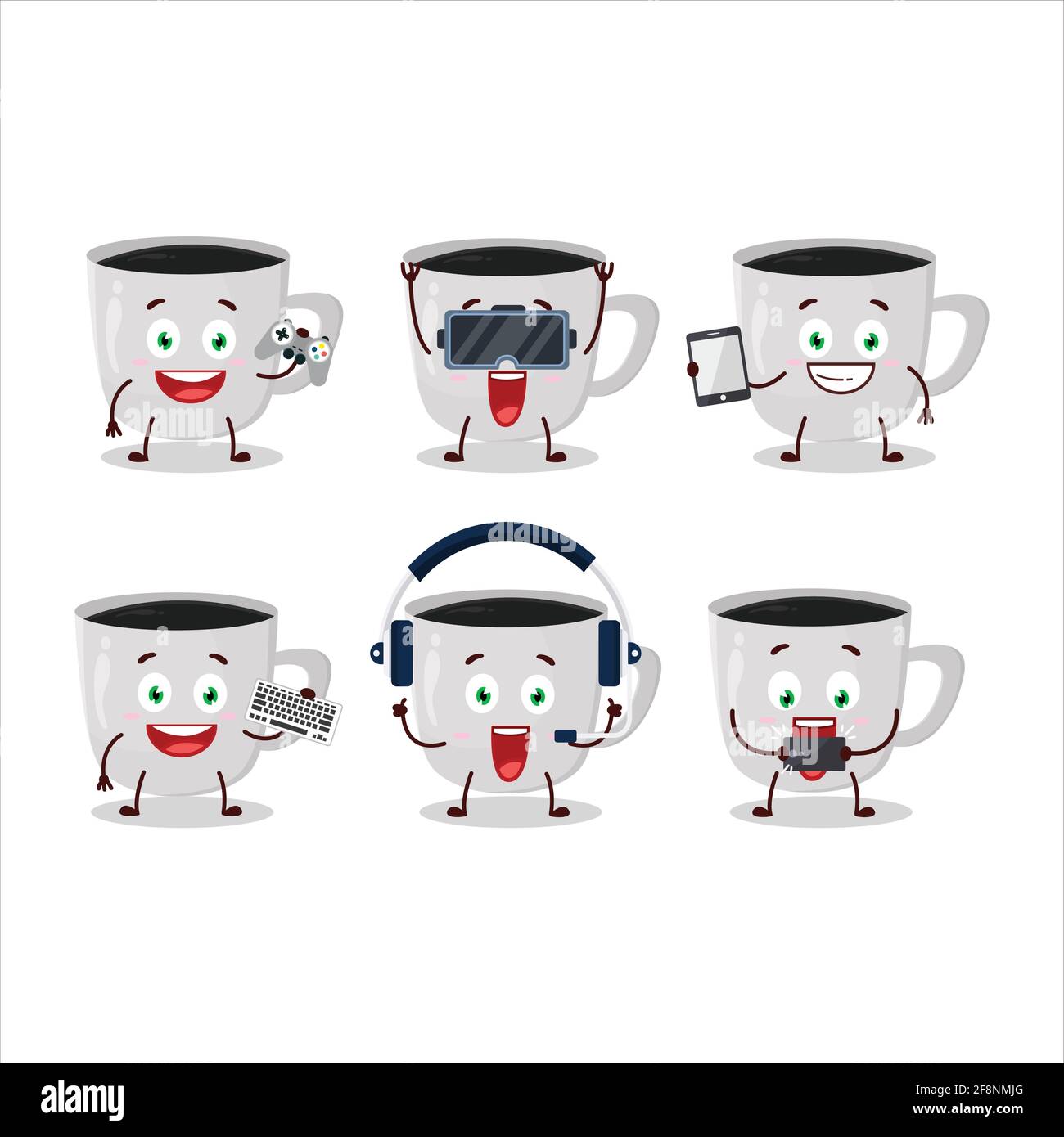 Coffee cartoon character are playing games with various cute emoticons ...