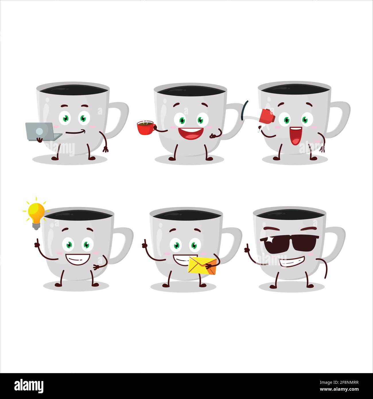 Coffee cartoon character with various types of business emoticons ...