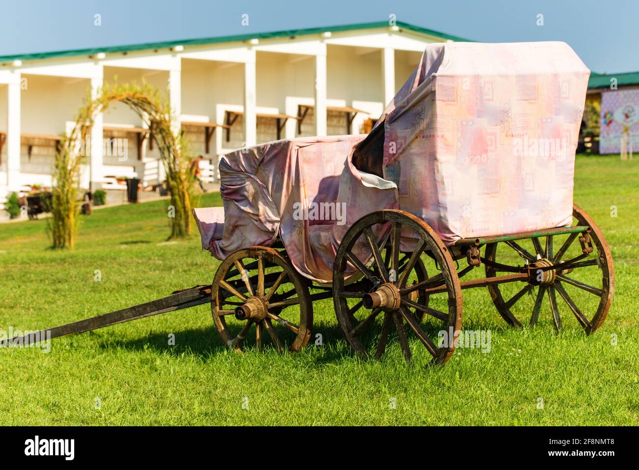 Old horse-drawn carriage on green grass at hot summer day Stock Photo ...