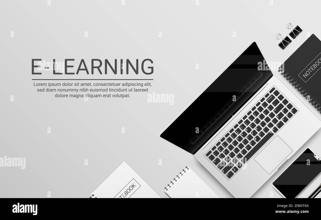 E-learning online school vector banner design. E-learning text in white ...