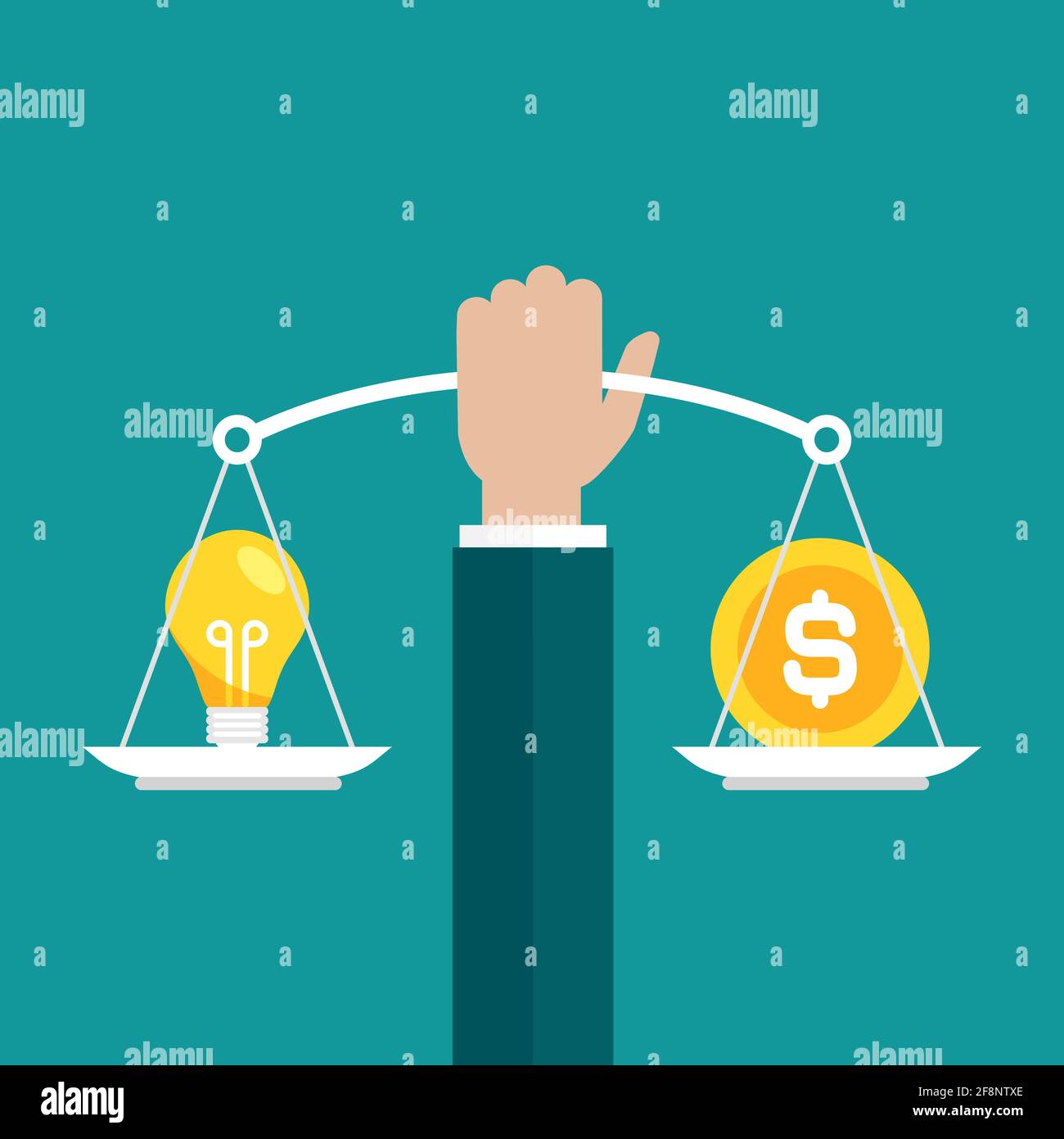 Businessman hand holds mechanical scales with dollar coin and light ...