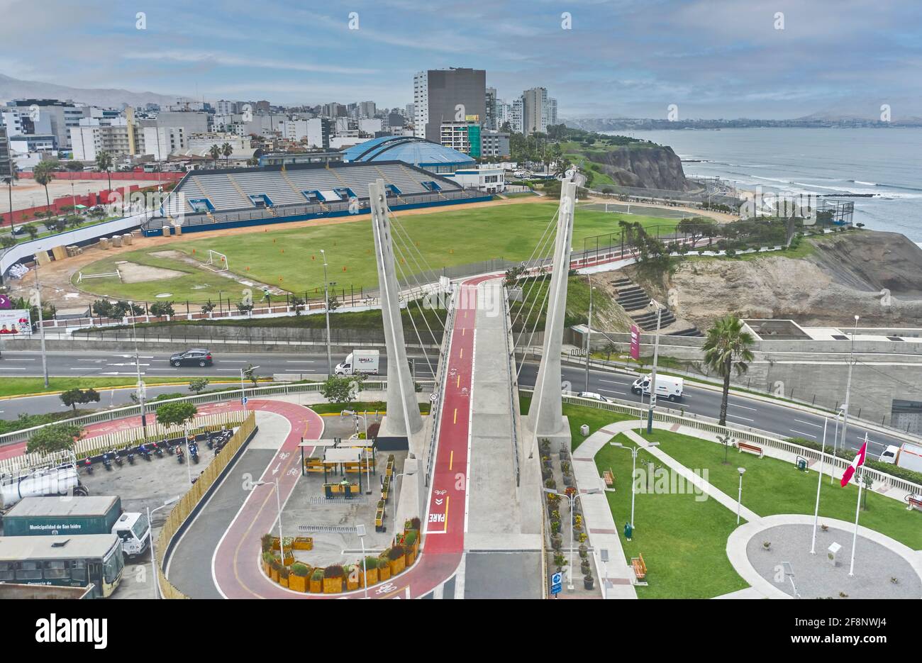 Aerial view of the La Amistad Bridge that connects Miraflores and San ...