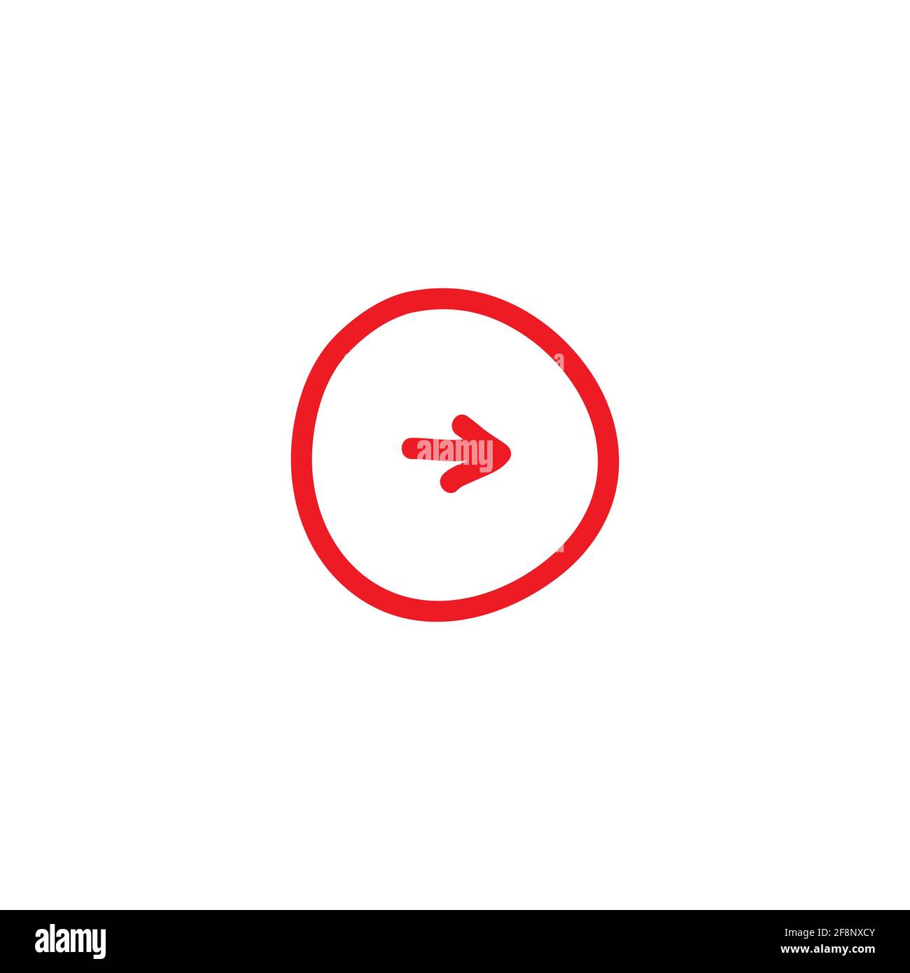 red hand drawn right arrow in circle cartoon icon. Isolated on white ...