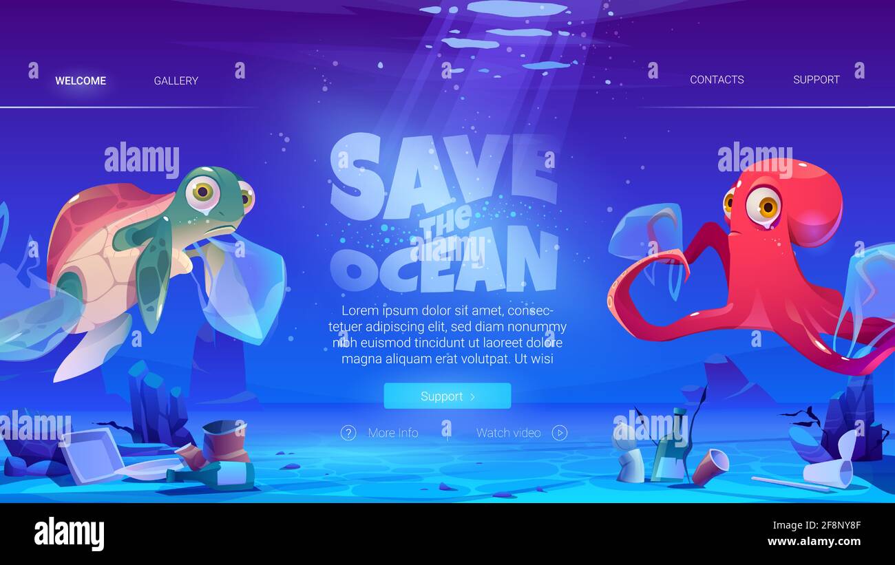 Save ocean website with turtle and octopus in plastic bags and garbage ...