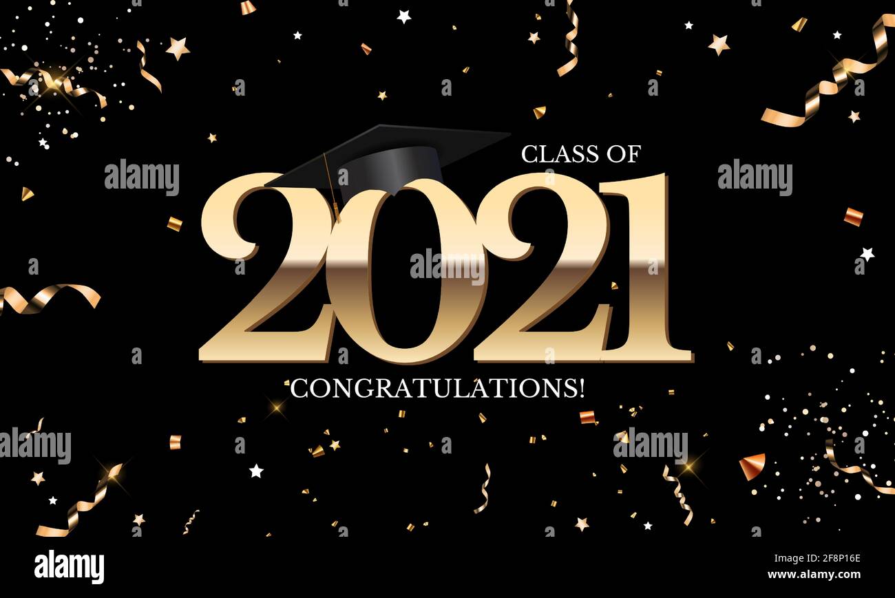 Graduation class of 2021 with graduation cap hat and confetti. Vector ...
