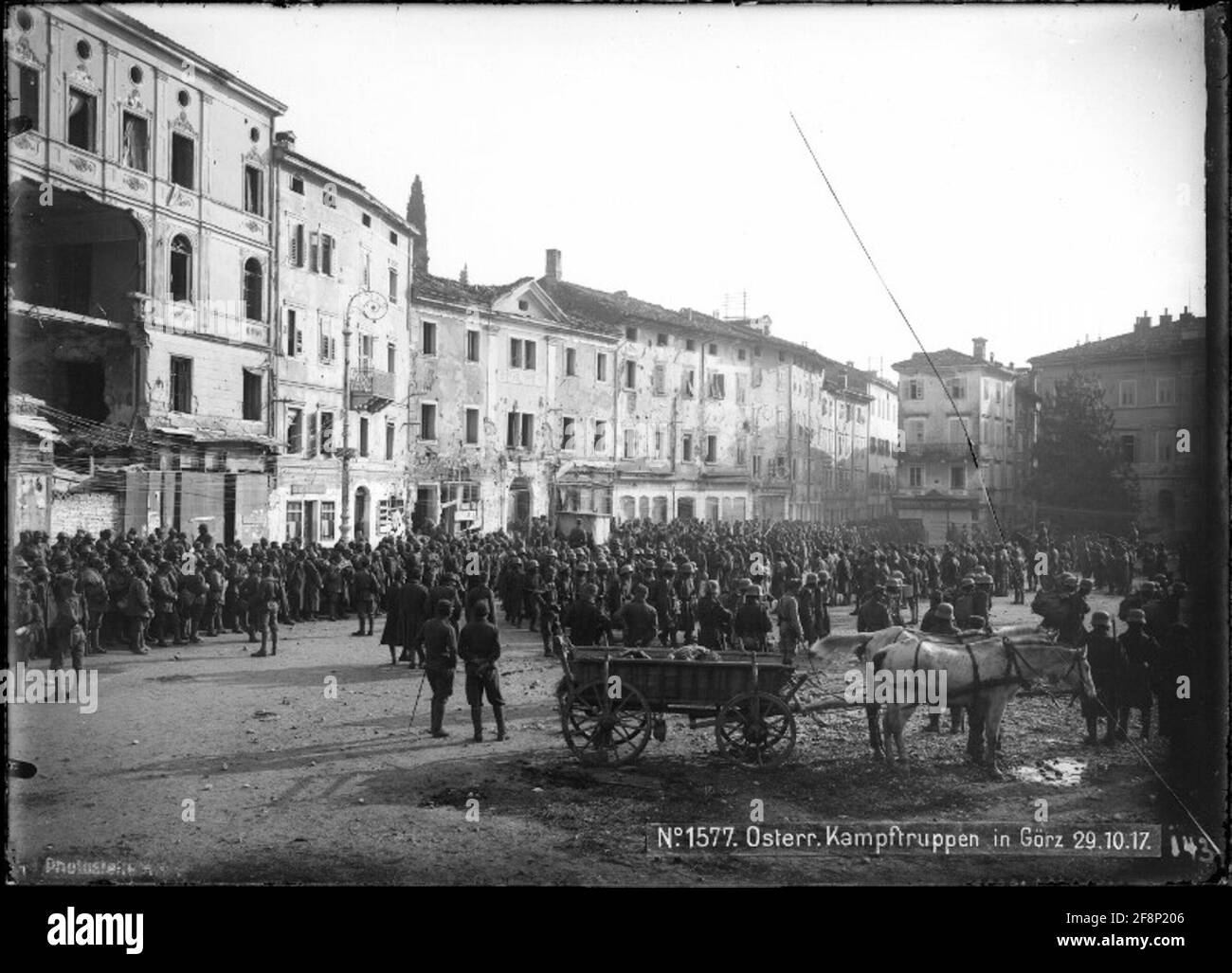 Austrian troops in Görz, Soldiers on an open square in the town. In the ...