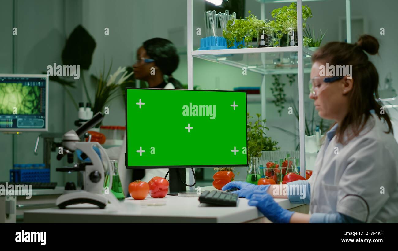 Pharmaceutical researcher looking at computer with mock up green screen ...