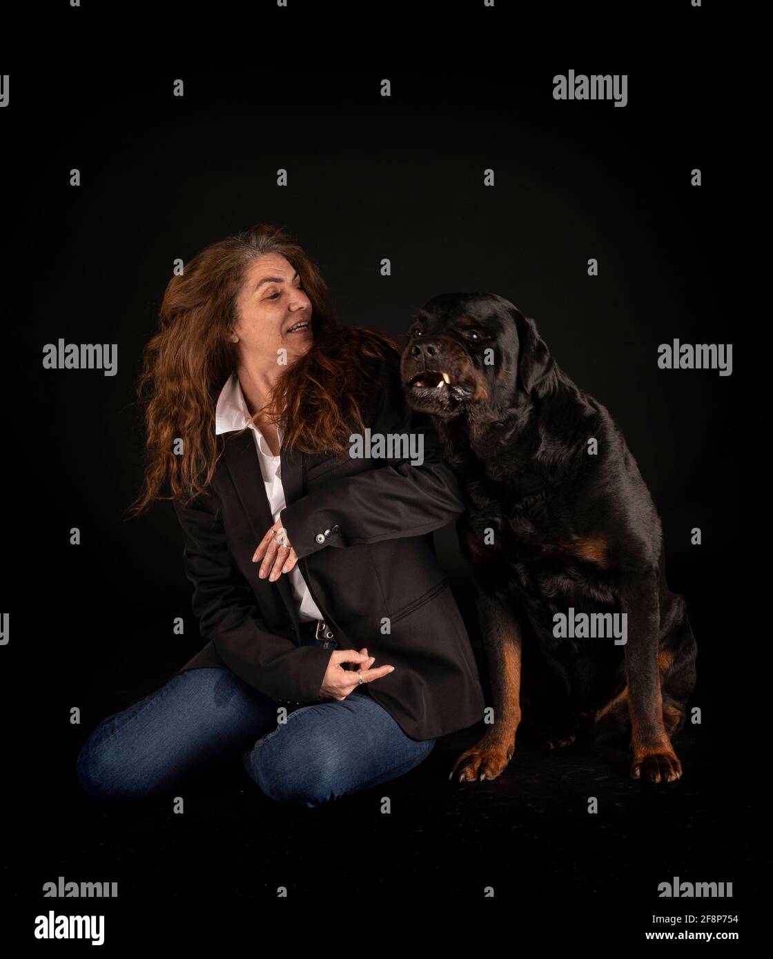 purebred rottweiler and woman in front of black background Stock Photo ...
