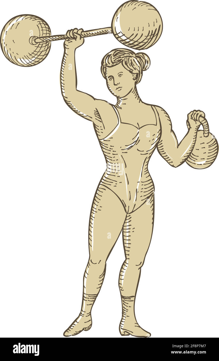 Vintage etching engraving handmade style illustration of a female strongman or circus ...