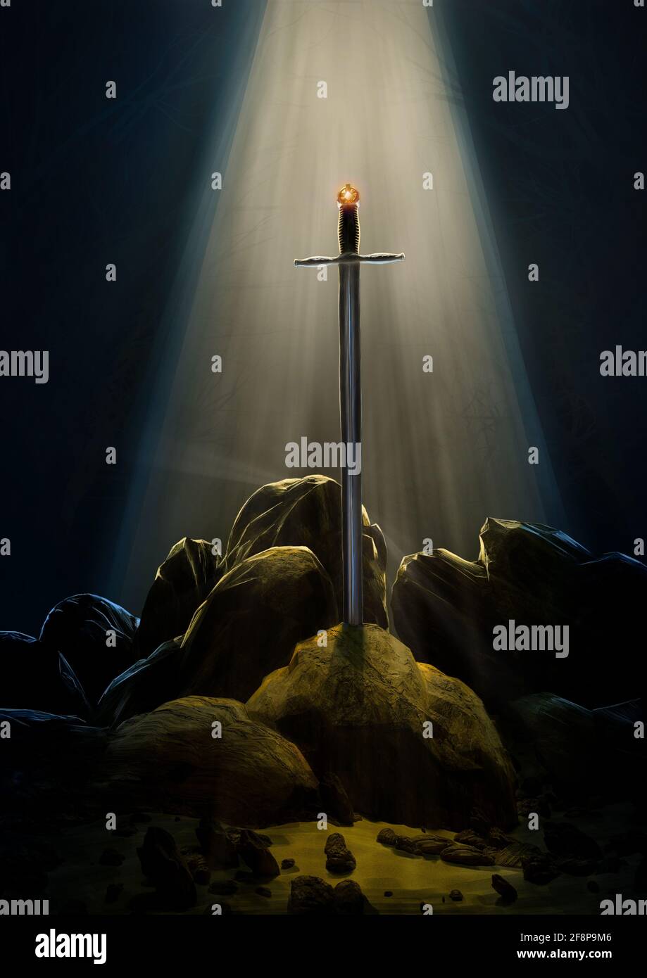 Fairy tale scene with big sword in the rocks. Digital painting fantasy ...