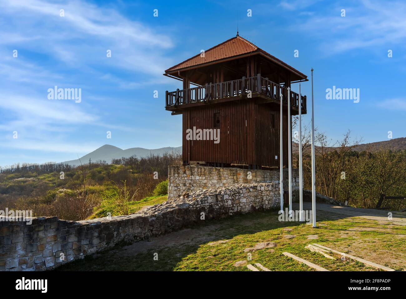 Castle ruins in Solymar city Hungary. historical reserved ruins near by ...