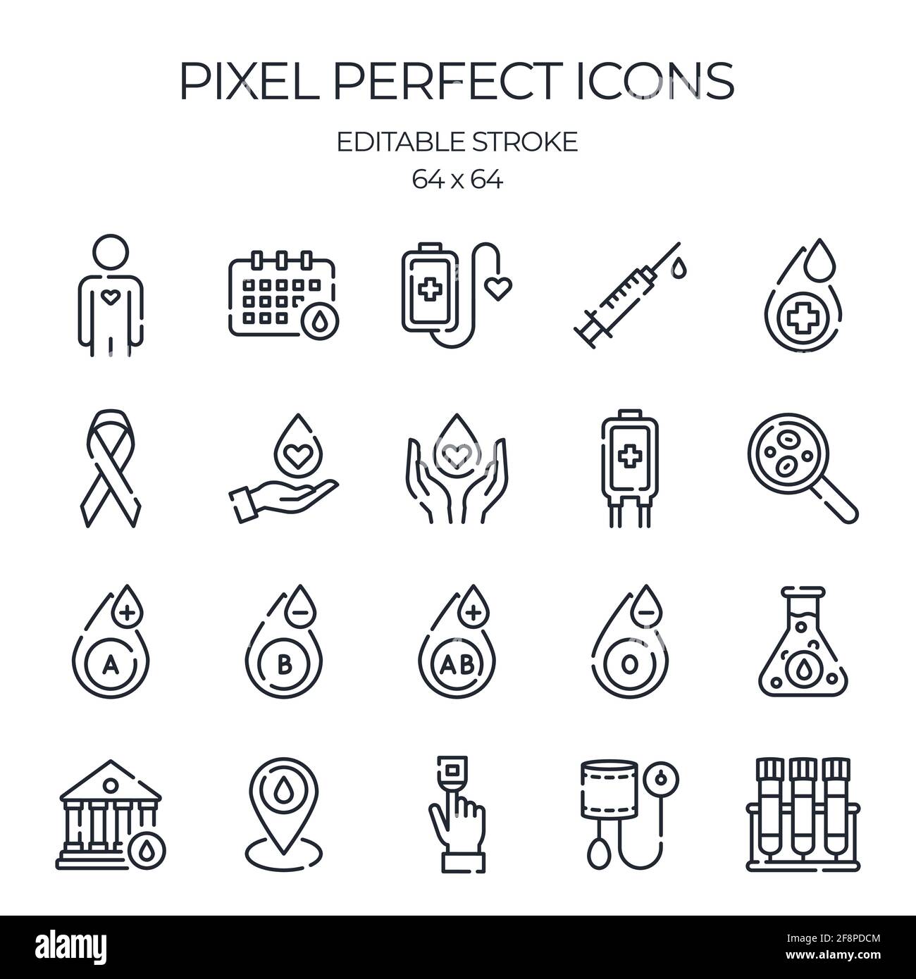 Blood donation and blood test related editable stroke outline icons set ...