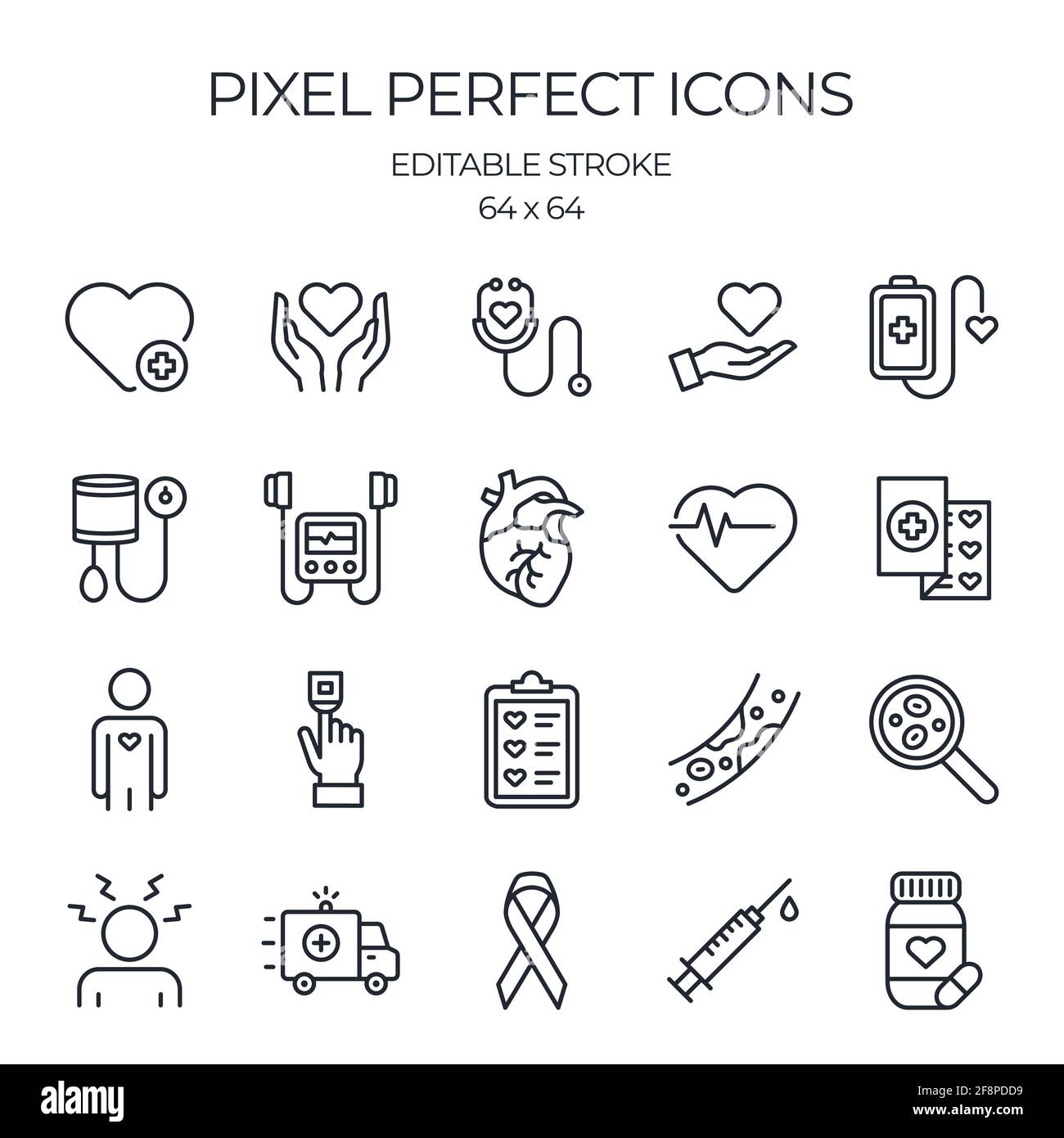 Heart attack related editable stroke outline icons set isolated on ...