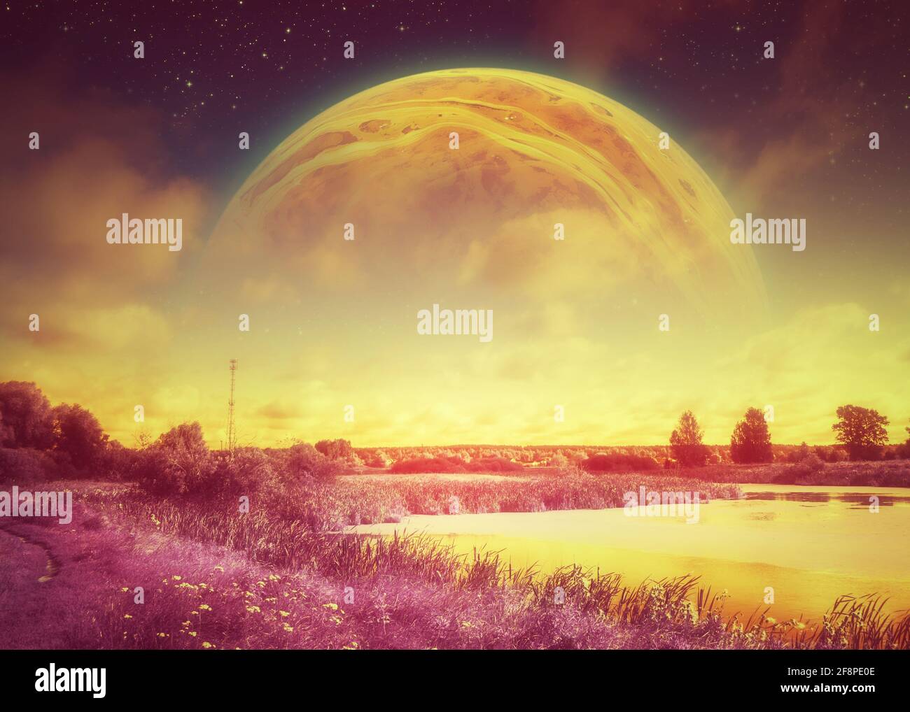 Fantasy sunset on the rural river and planet landscape. Photo ...