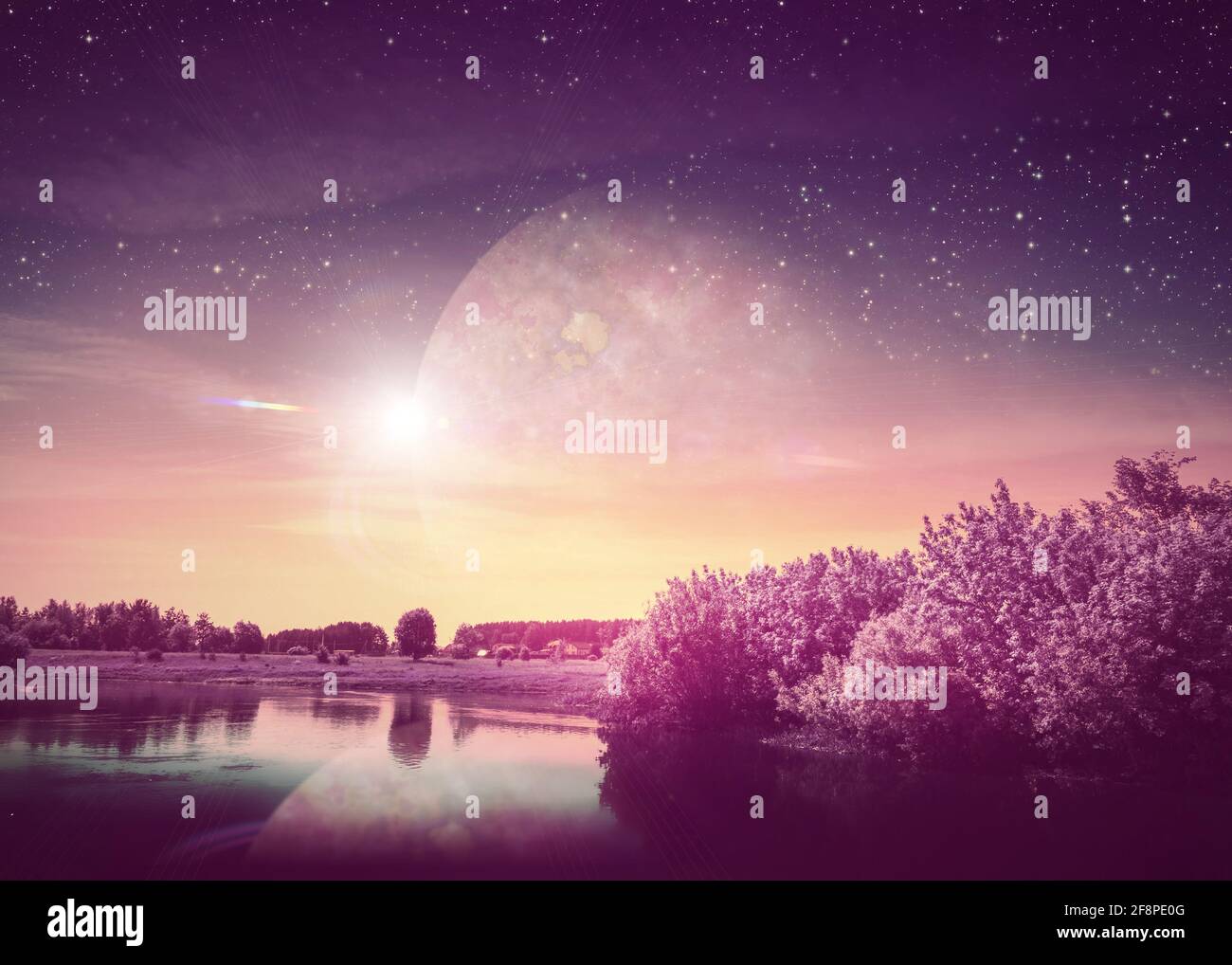 Fantasy sunset on the rural river and planet landscape. Photo ...