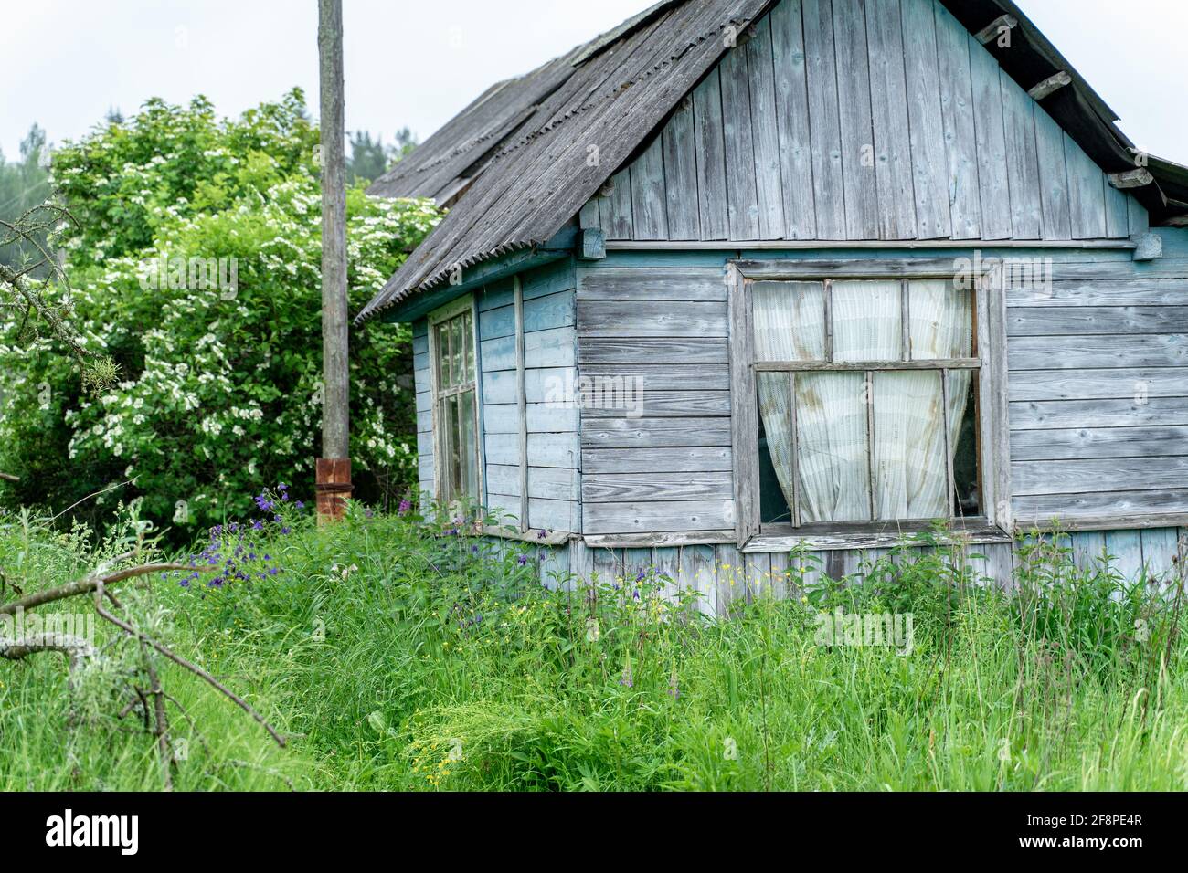 old abandoned poor wooden house in the village Stock Photo - Alamy