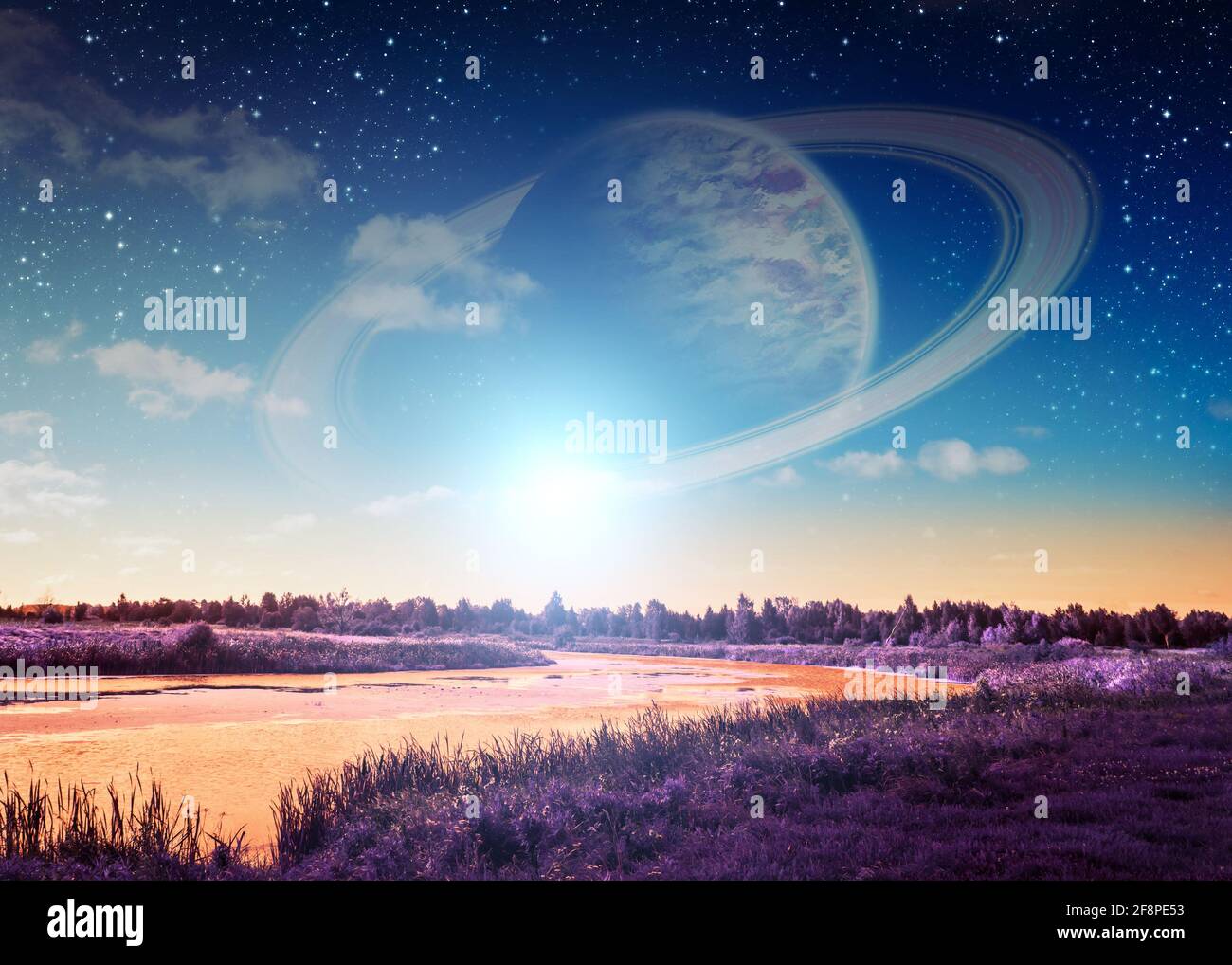 Fantasy sunset on the rural river and planet landscape. Photo ...
