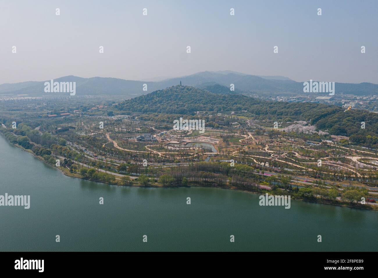 Aerial view of Shangfang Mountain, a natural forest park in Suzhou ...