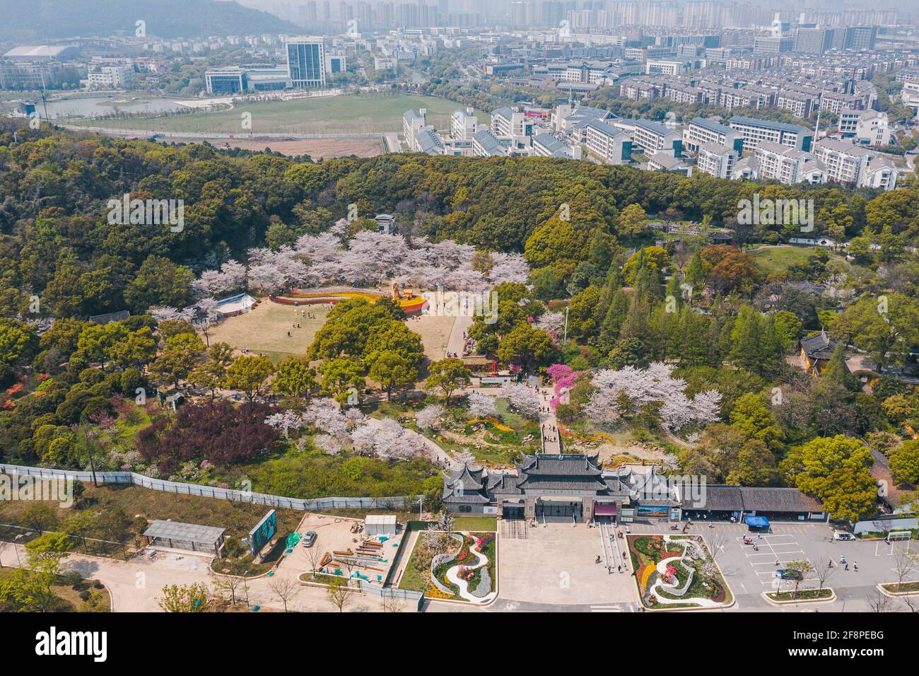 Aerial view of Shangfang Mountain, a natural forest park in Suzhou ...