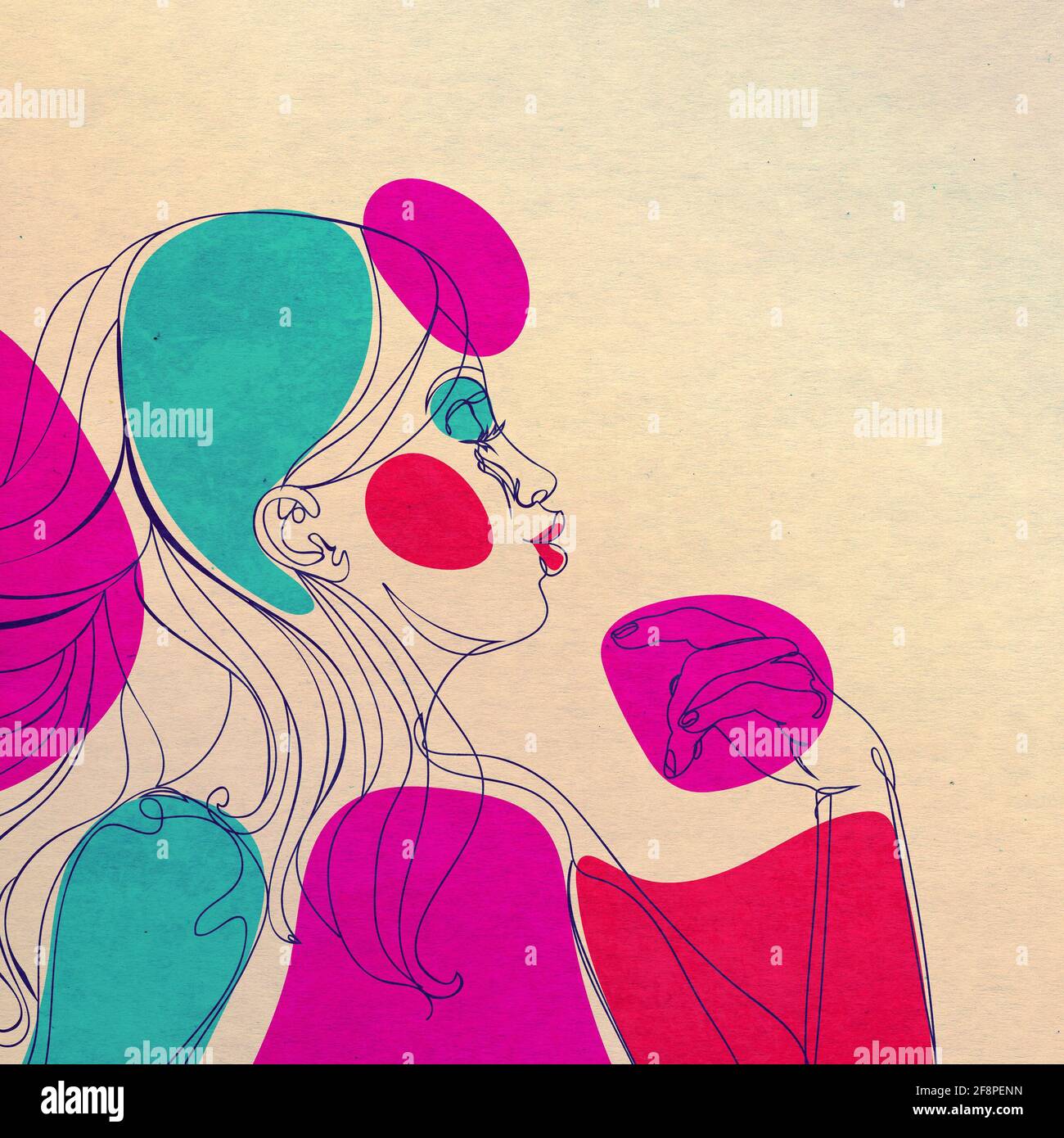 Abstract line art female portrait in profile with colorful shapes ...