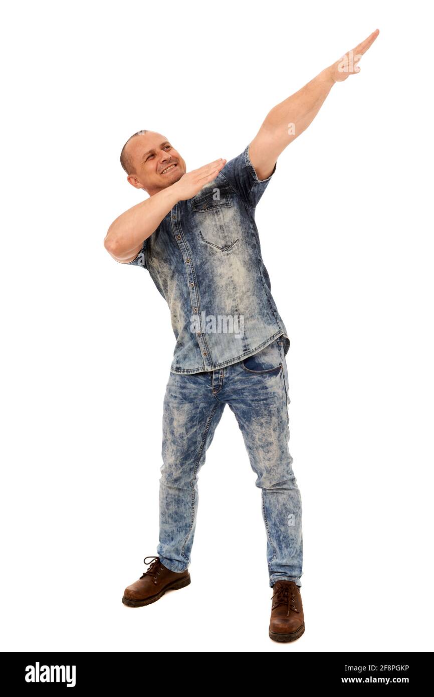 Businessman in a celebratory mood, dabbing isolated on white background ...