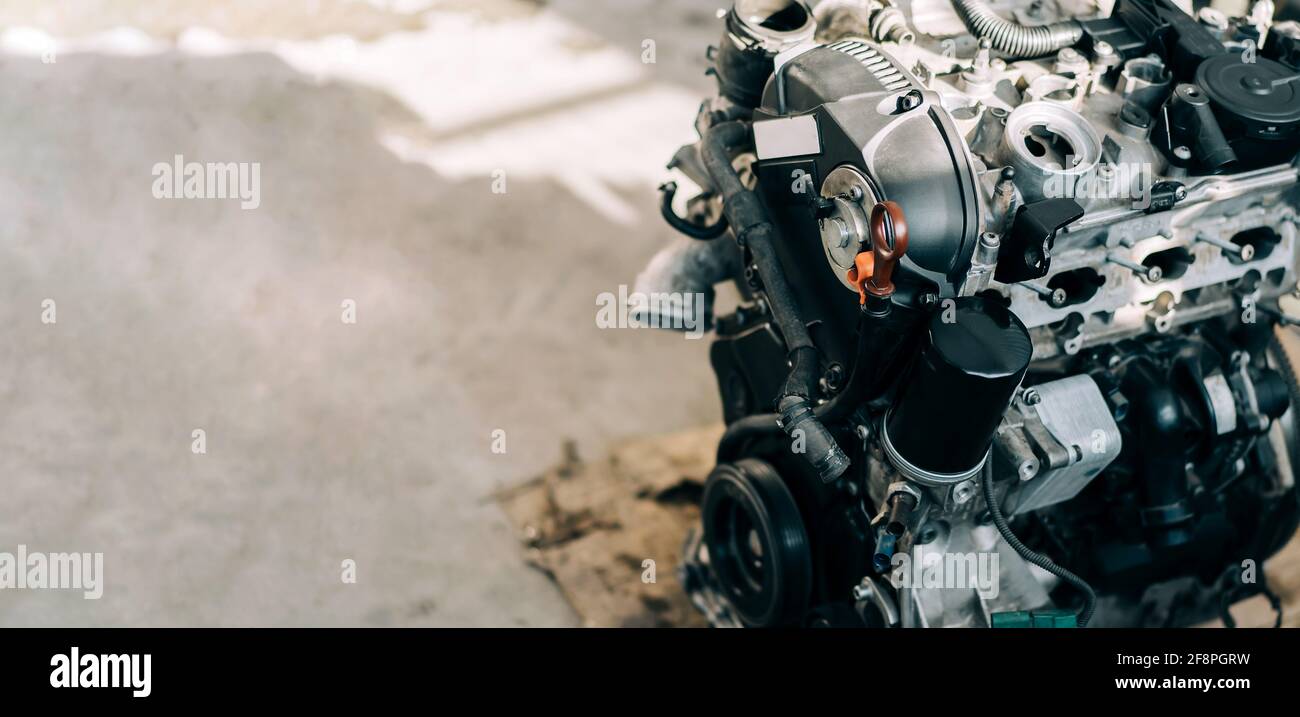The internal combustion engine is assembled on the floor. Car engine ...