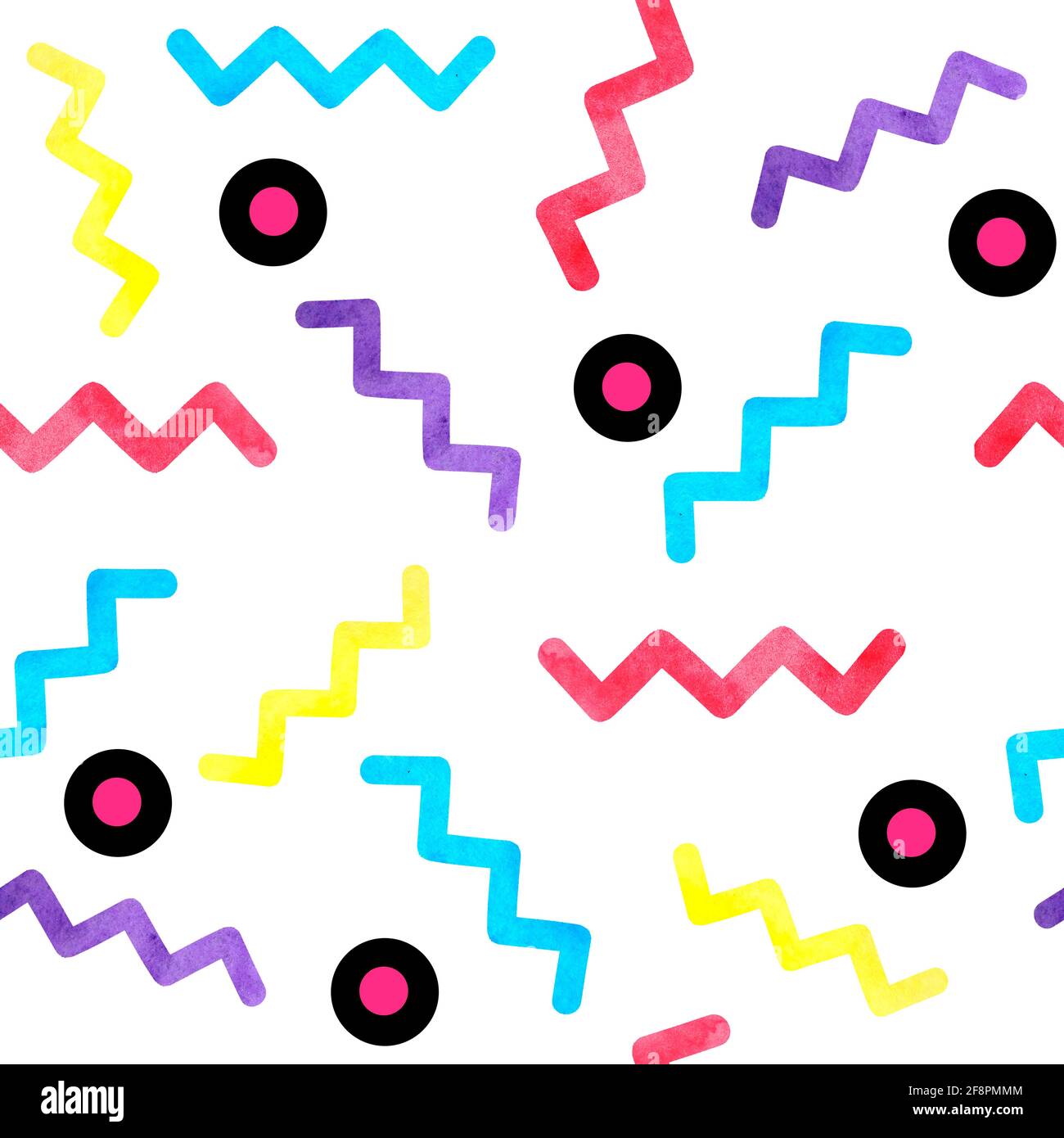 Watercolor seamless hand drawn pattern of 90s 80s memphis abstract style. Bright blue yellow ...