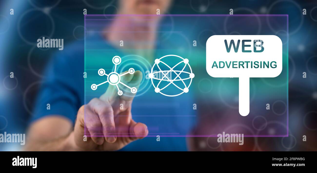 Man touching a web advertising concept on a touch screen with his ...