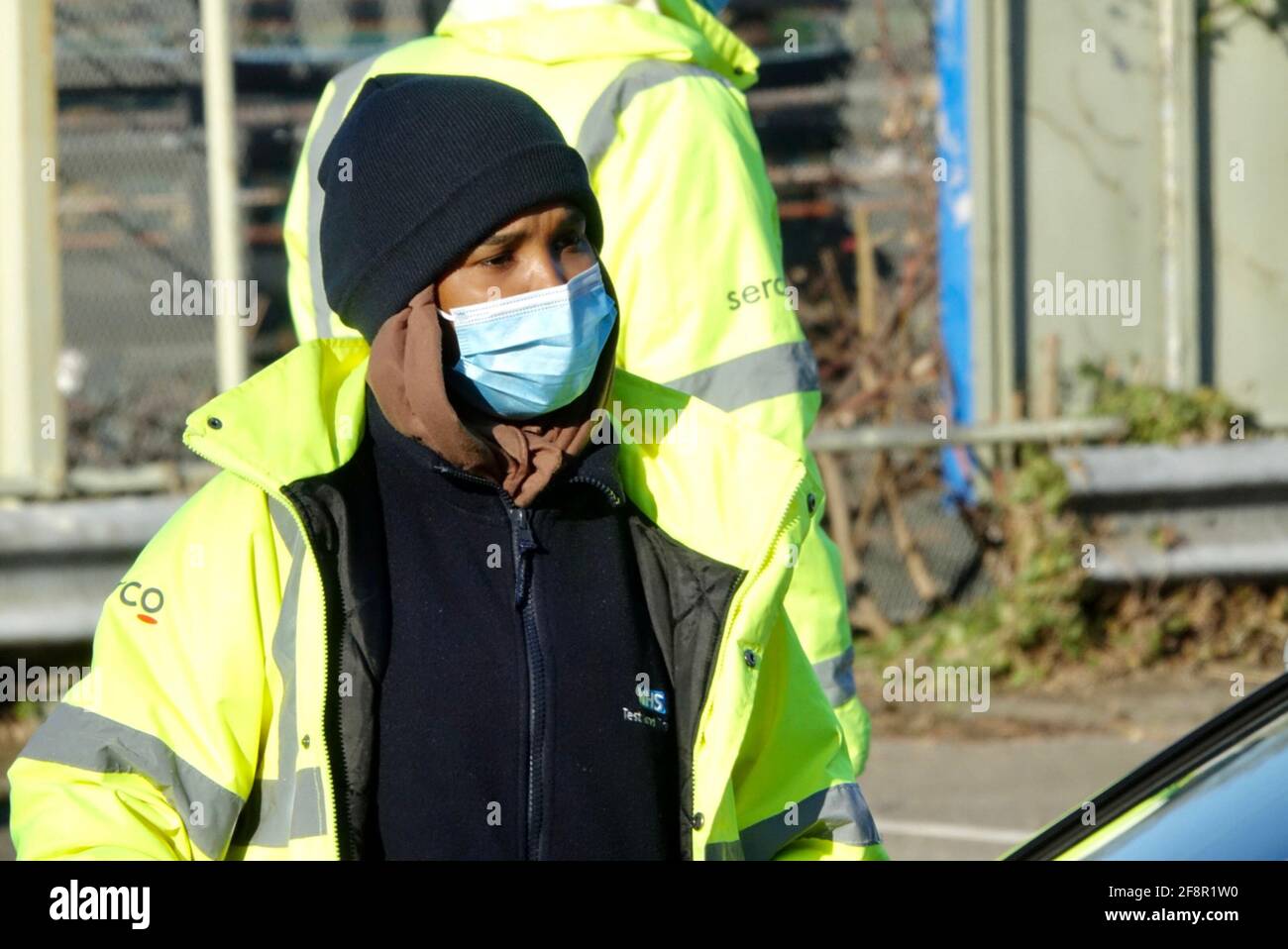 An NHS Test and Trace worker at a mobile testing unit in Finchley Stock ...