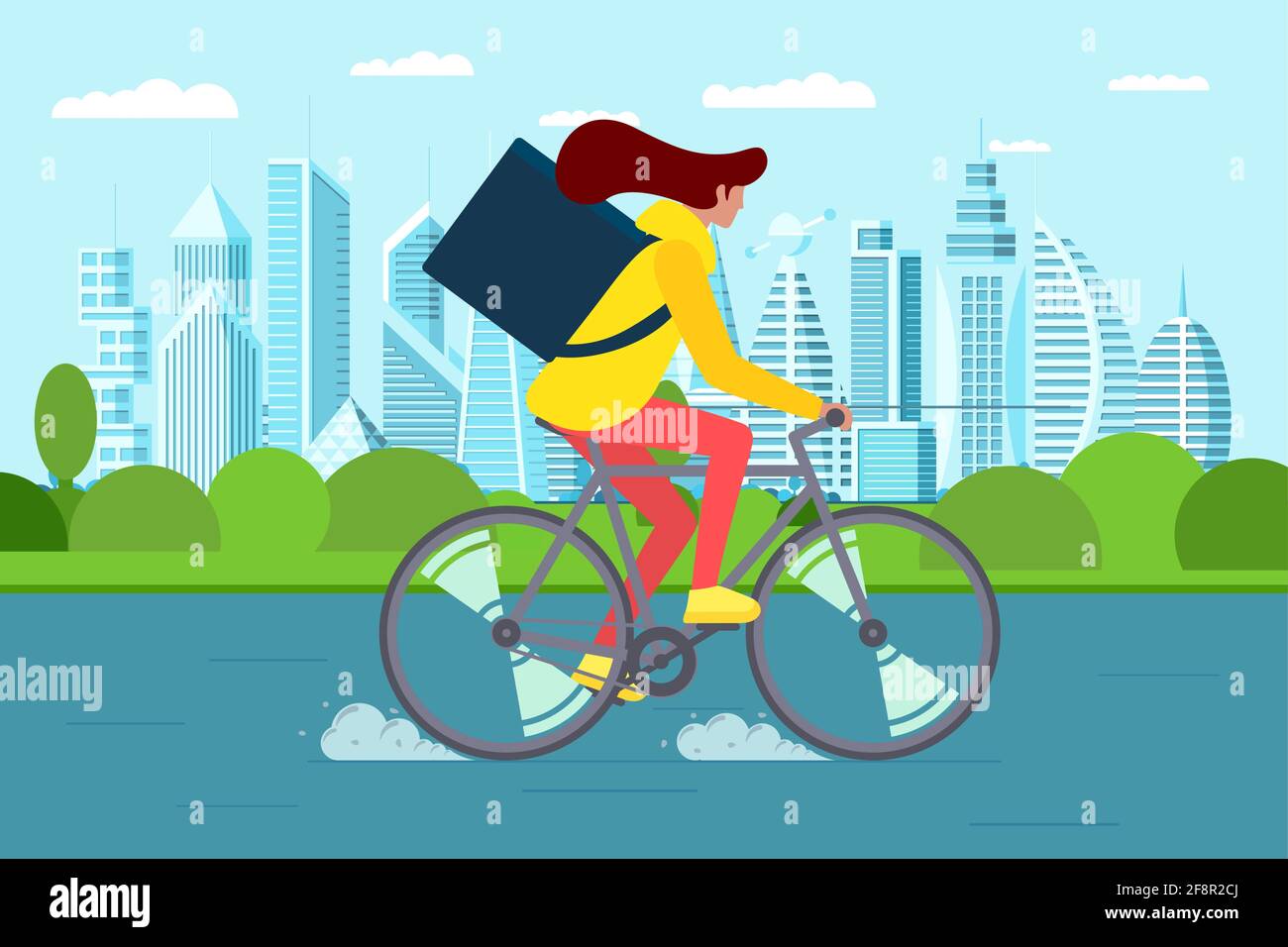Young woman courier with backpack box riding bicycle and carries goods ...