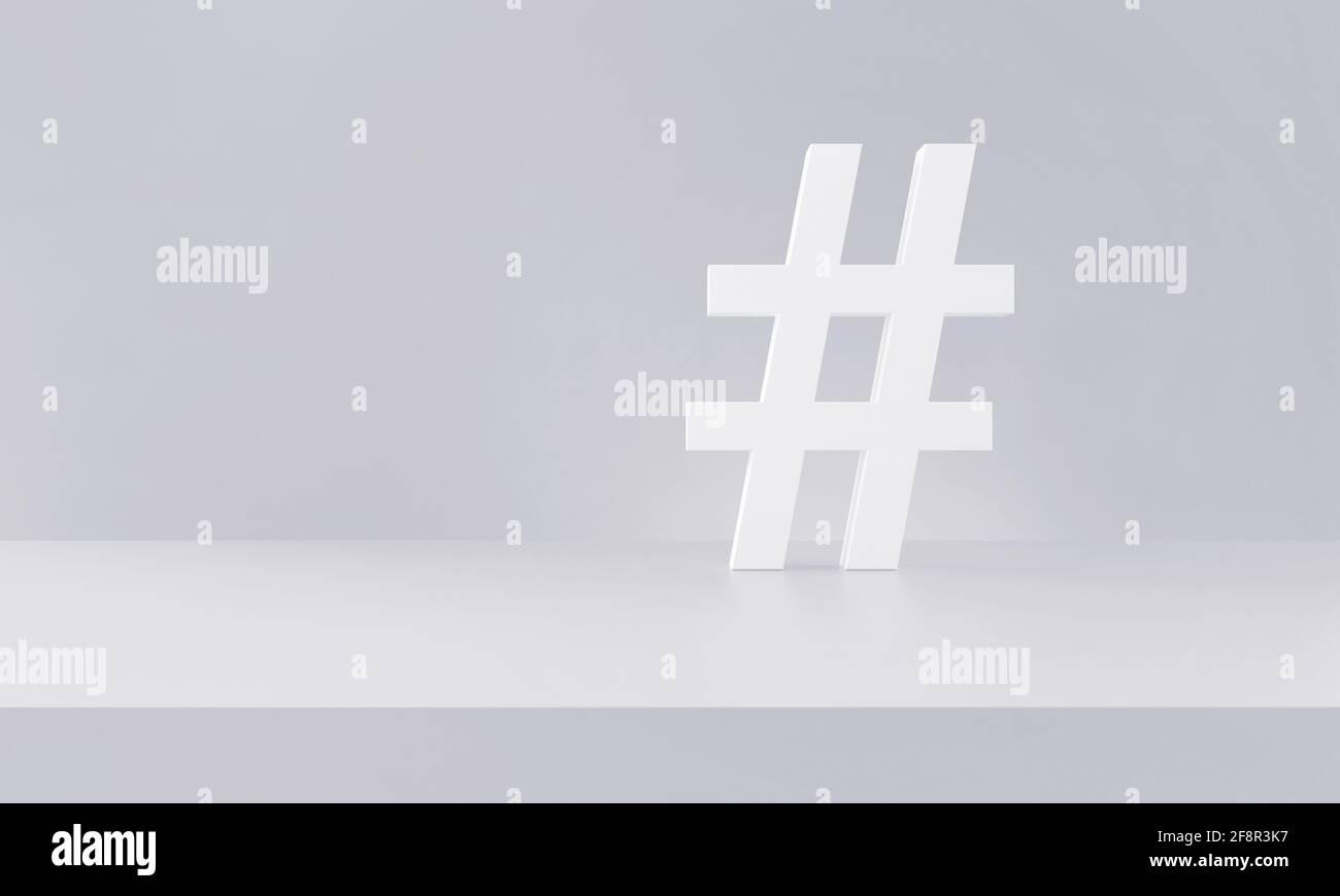 Hashtag symbol white and clear in photography studio background ...