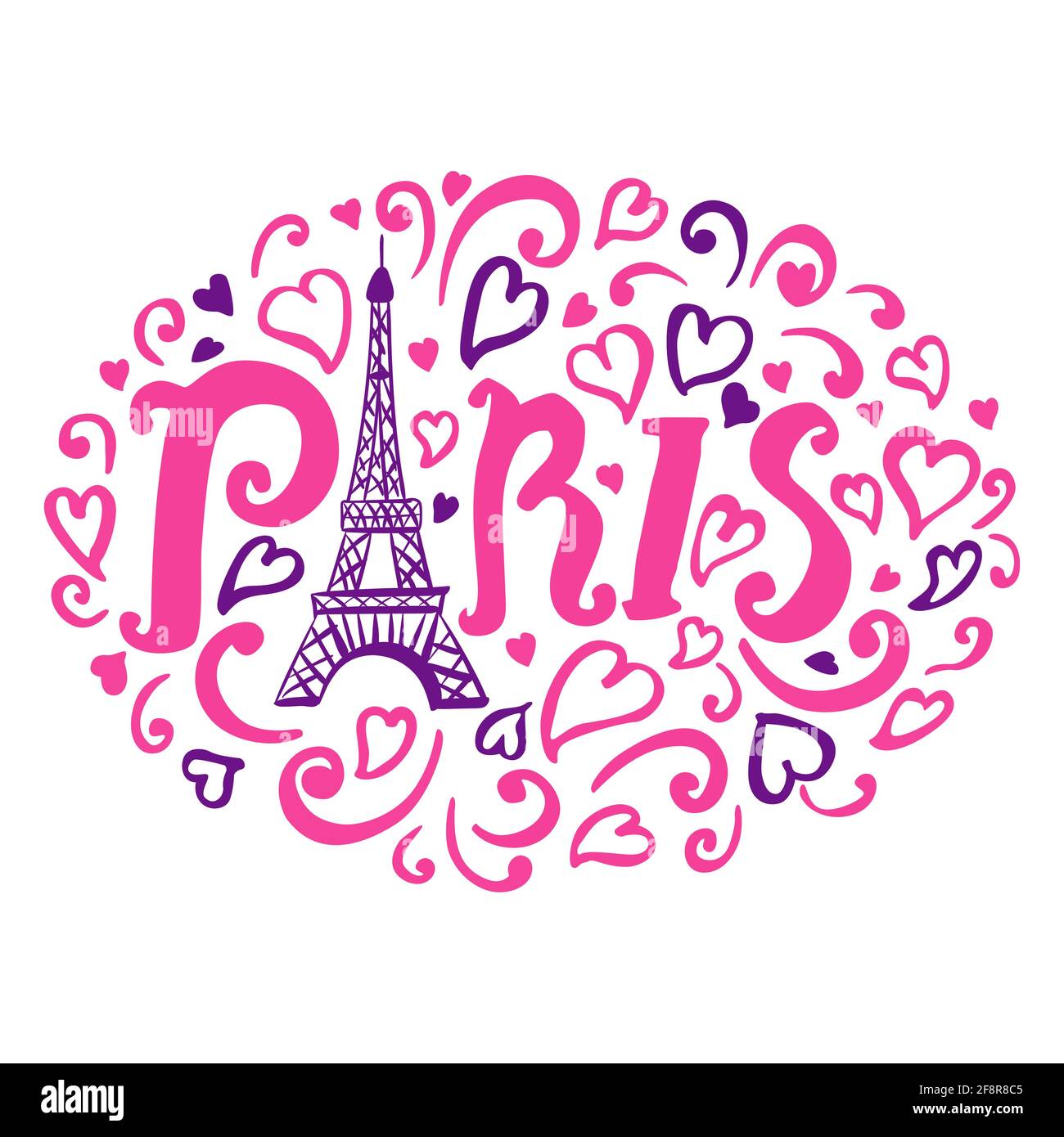 Eiffel tower with Paris lettering, hearts, hand drawn curl sketch. Pink ...