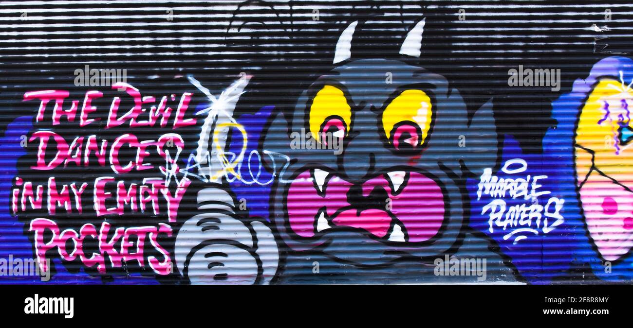 mural, graffiti,devil, art, street, street art, face, angry, words ...